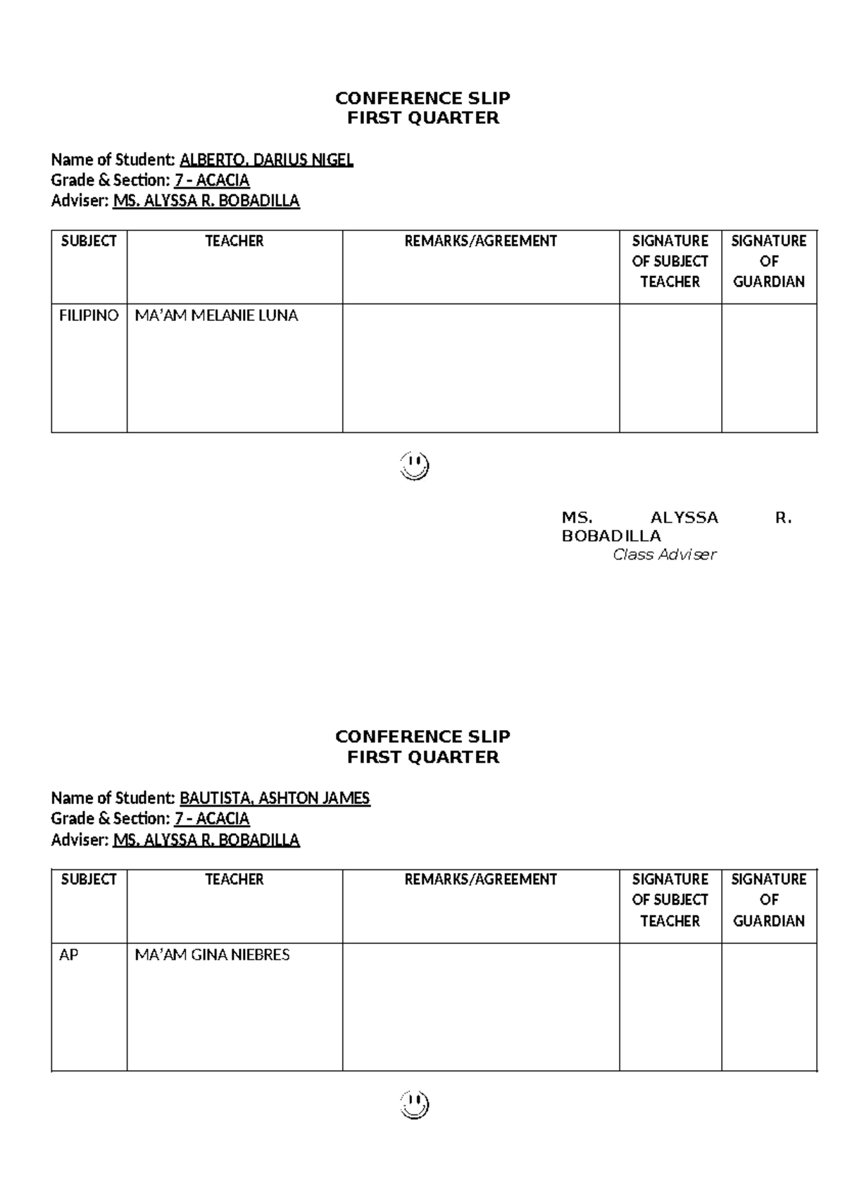 Conference Slip Q1 2023-2024 for Grade 7 Acacia Students - Studocu