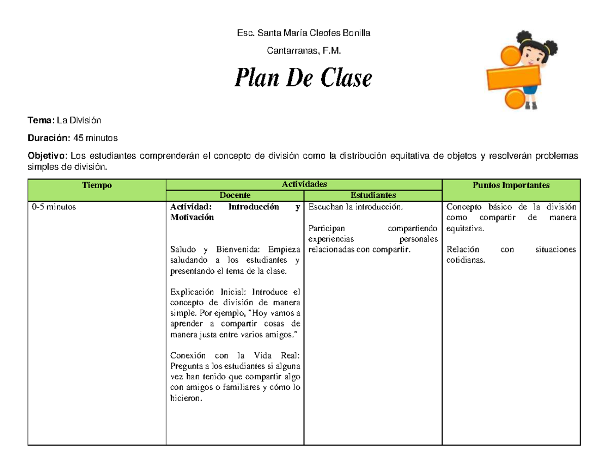 Plan de Clases y Plan de Pizarra La division - Tema: La División ...