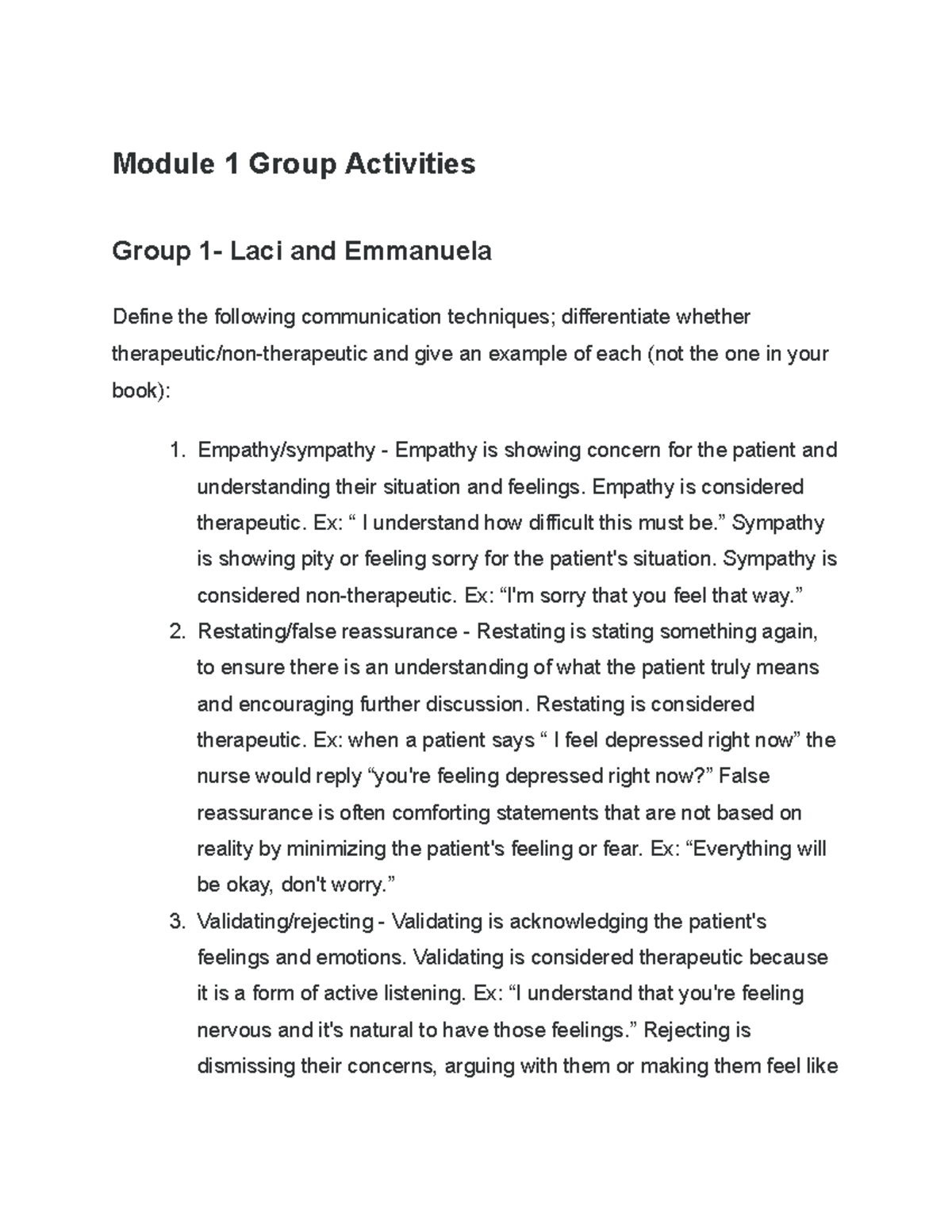 Module 1 Group Activities: Communication Techniques & Examples - Studocu