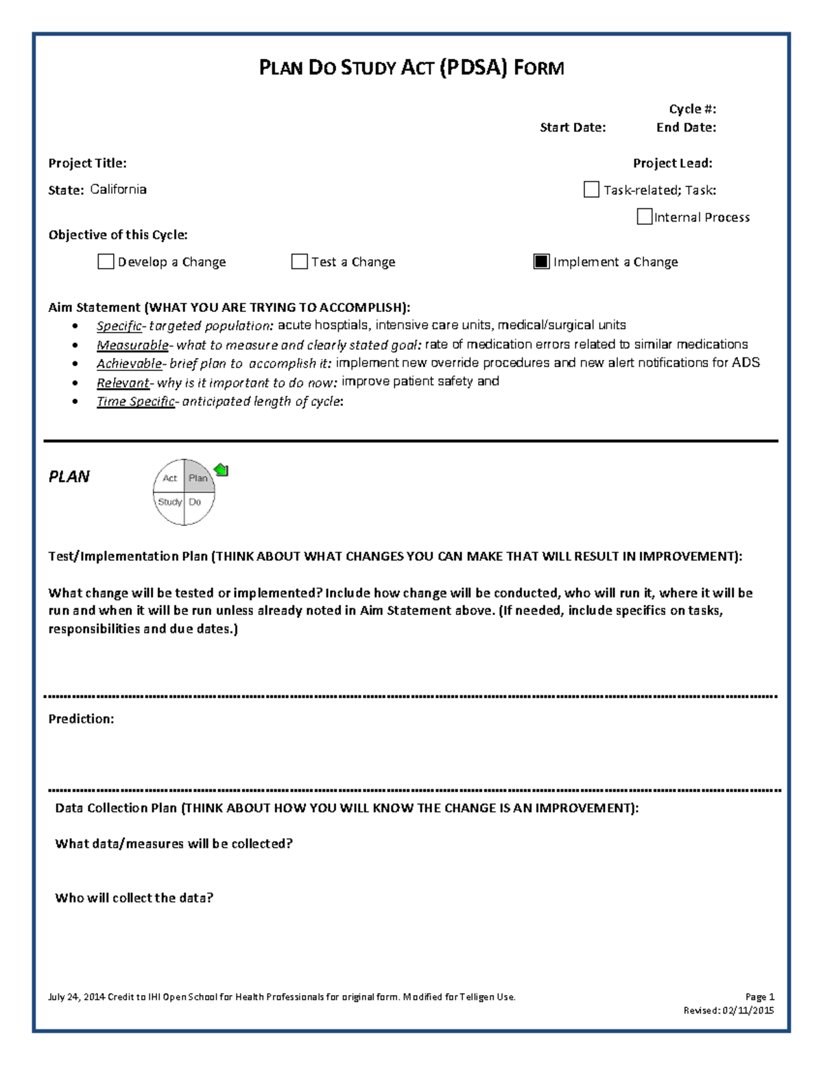 PDSA Form - Weekly Overview for Change Implementation - Studocu