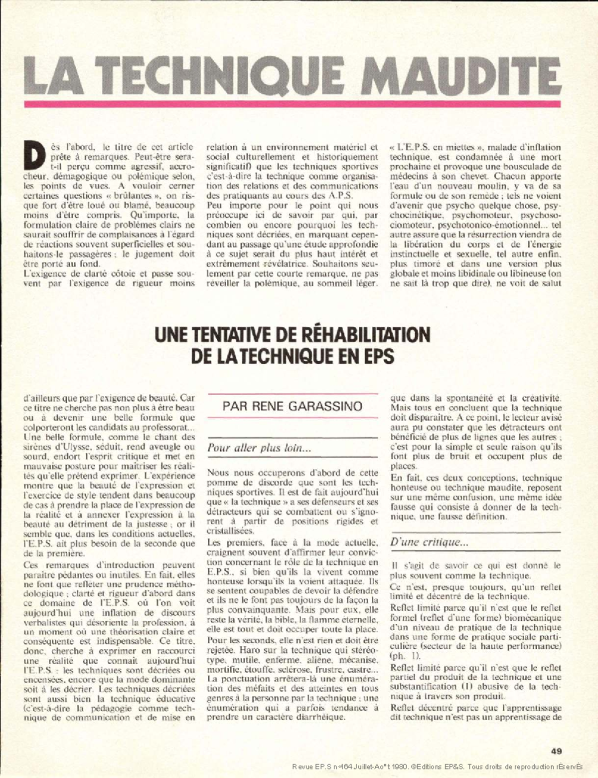 LA TECHNIQUE MAUDITE EN EPS : RÉFLEXIONS ET DÉBATS - R. GARASSINO - Studocu
