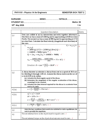 PHYV101 Physics 1A for Engineers SEMESTER TEST 1 MEMO - Studocu