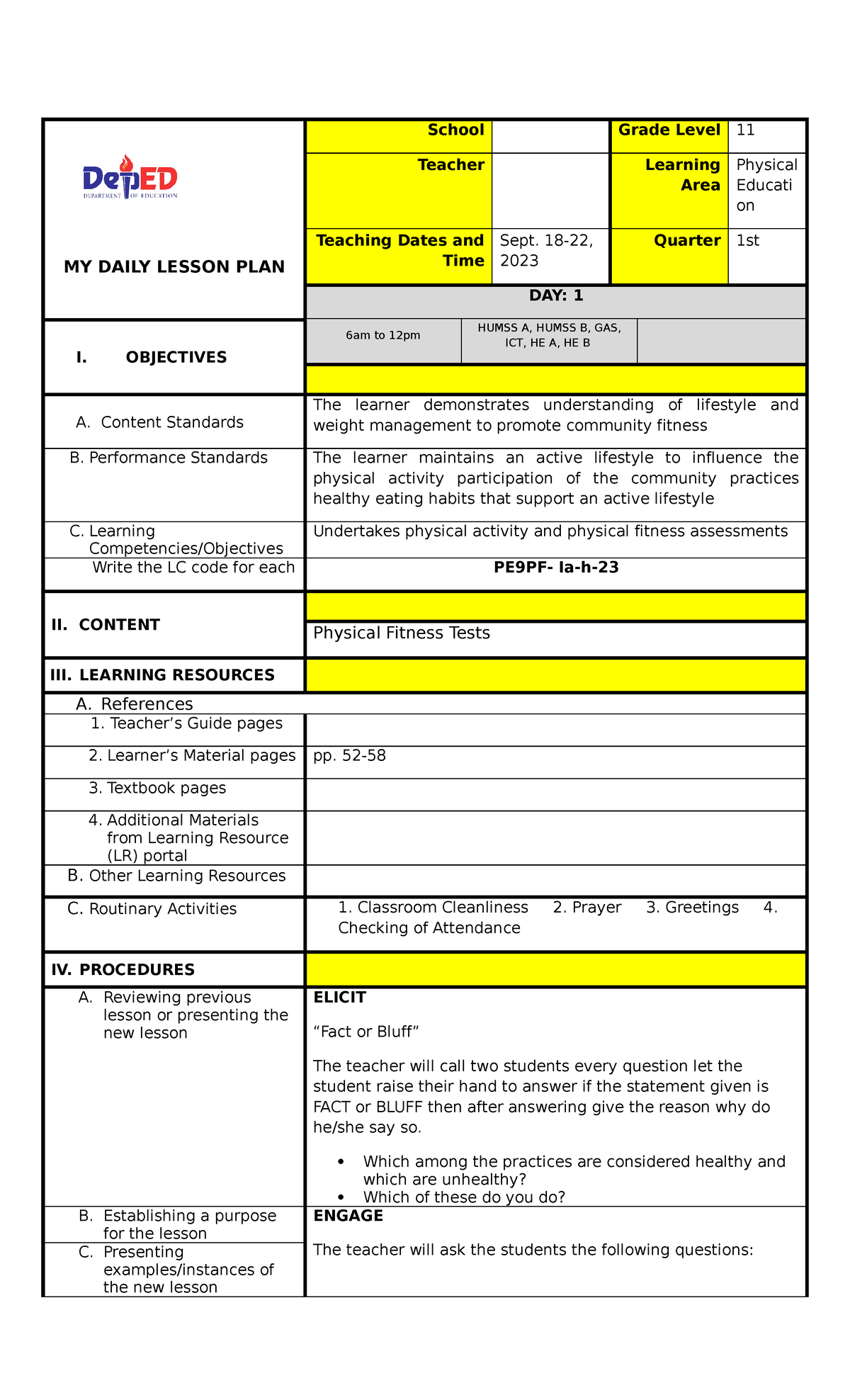 DLP- Physical Fitness Lesson Plan for Grade 11 Students - Studocu