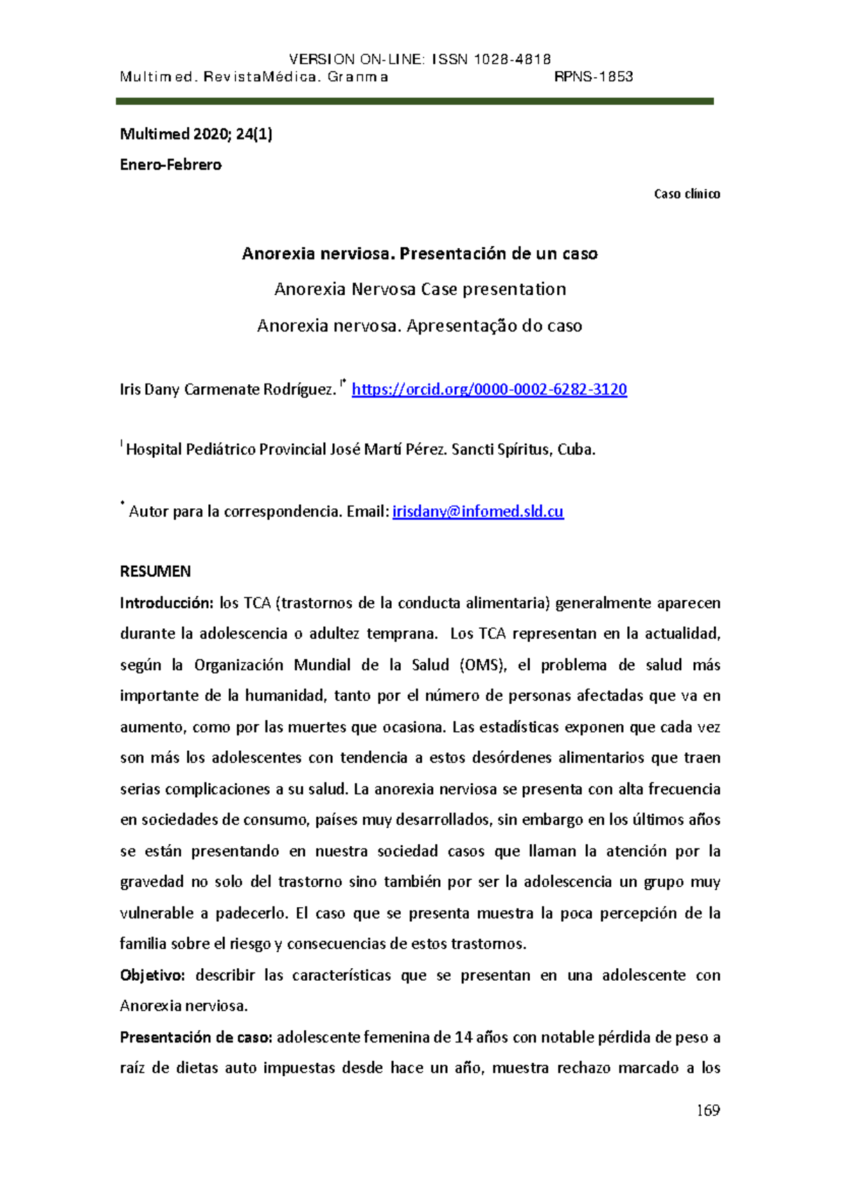 Anorexia Nerviosa: Presentación de un Caso Clínico (ISSN Multimed ...
