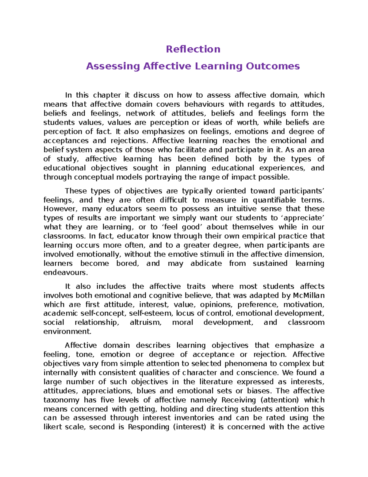 Assessing Affective Learning Outcomes - Reflection Assessing Affective ...