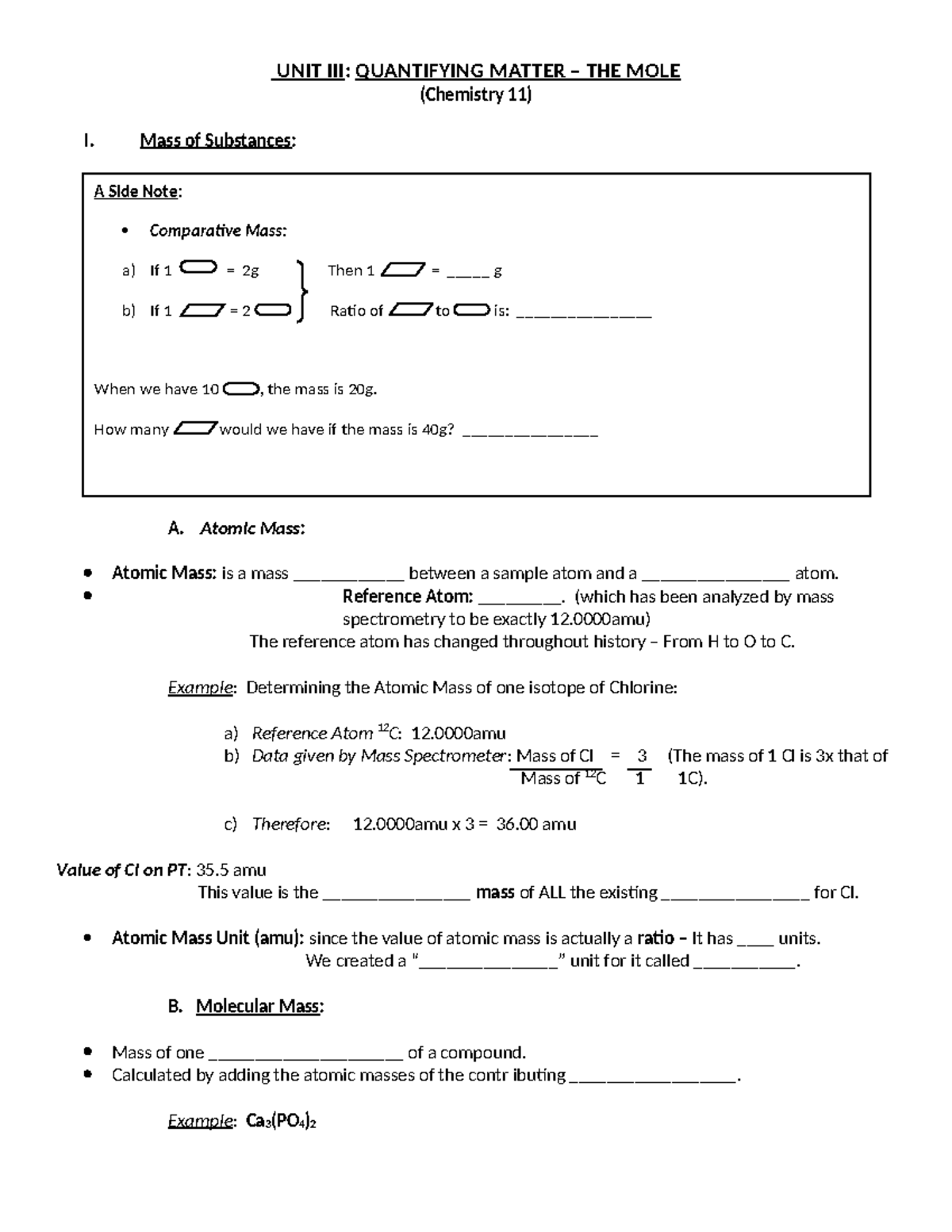 The Mole Unit Notes (Chemistry 11) - Understanding Mass, Molarity, and ...