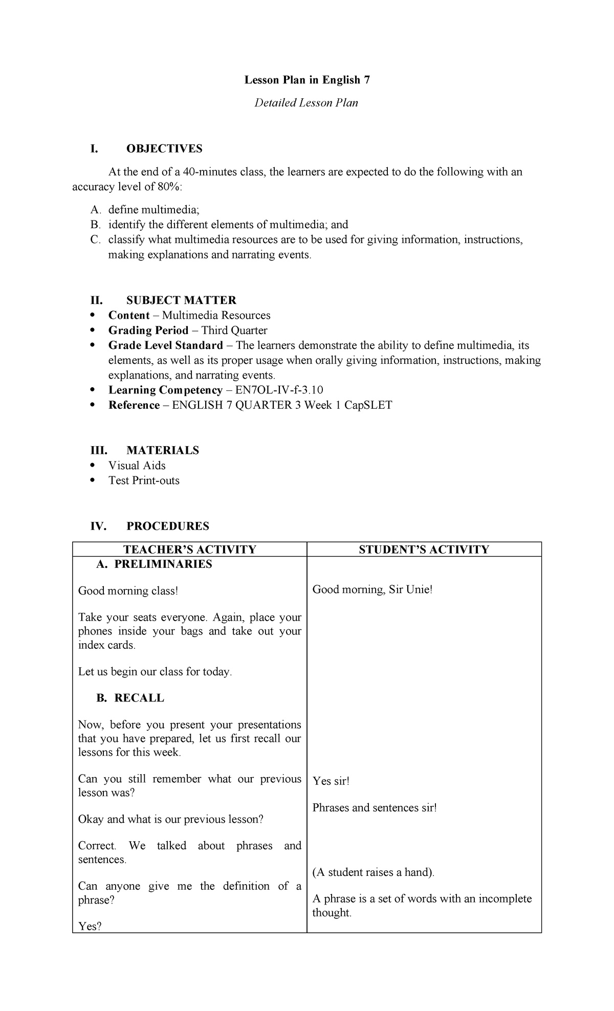 Multimedia 2-G7-LP - English 7 Lesson Plan on Multimedia Resources ...