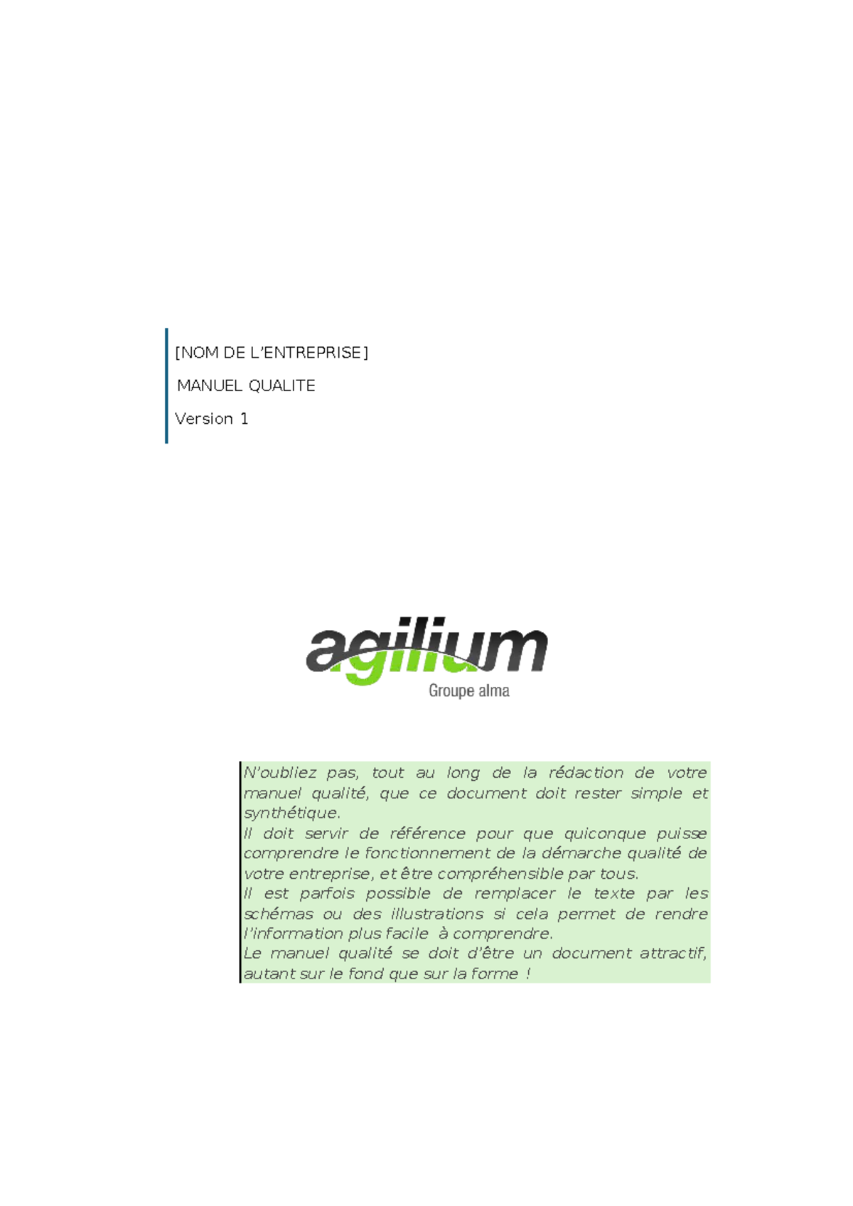 Trame du Manuel Qualité AGILIUM - Version 1 - Studocu