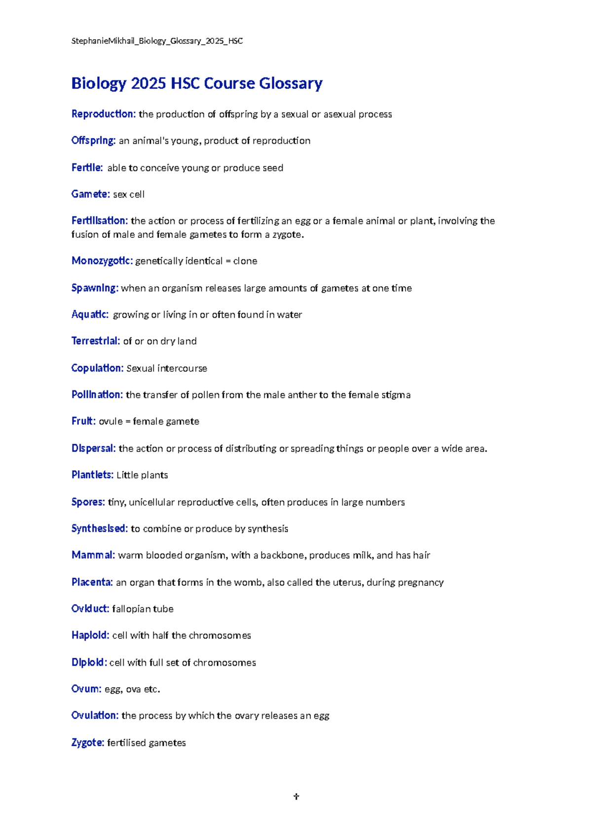 Biology HSC 2025 Glossary: Key Terms in Reproduction and Genetics - Studocu
