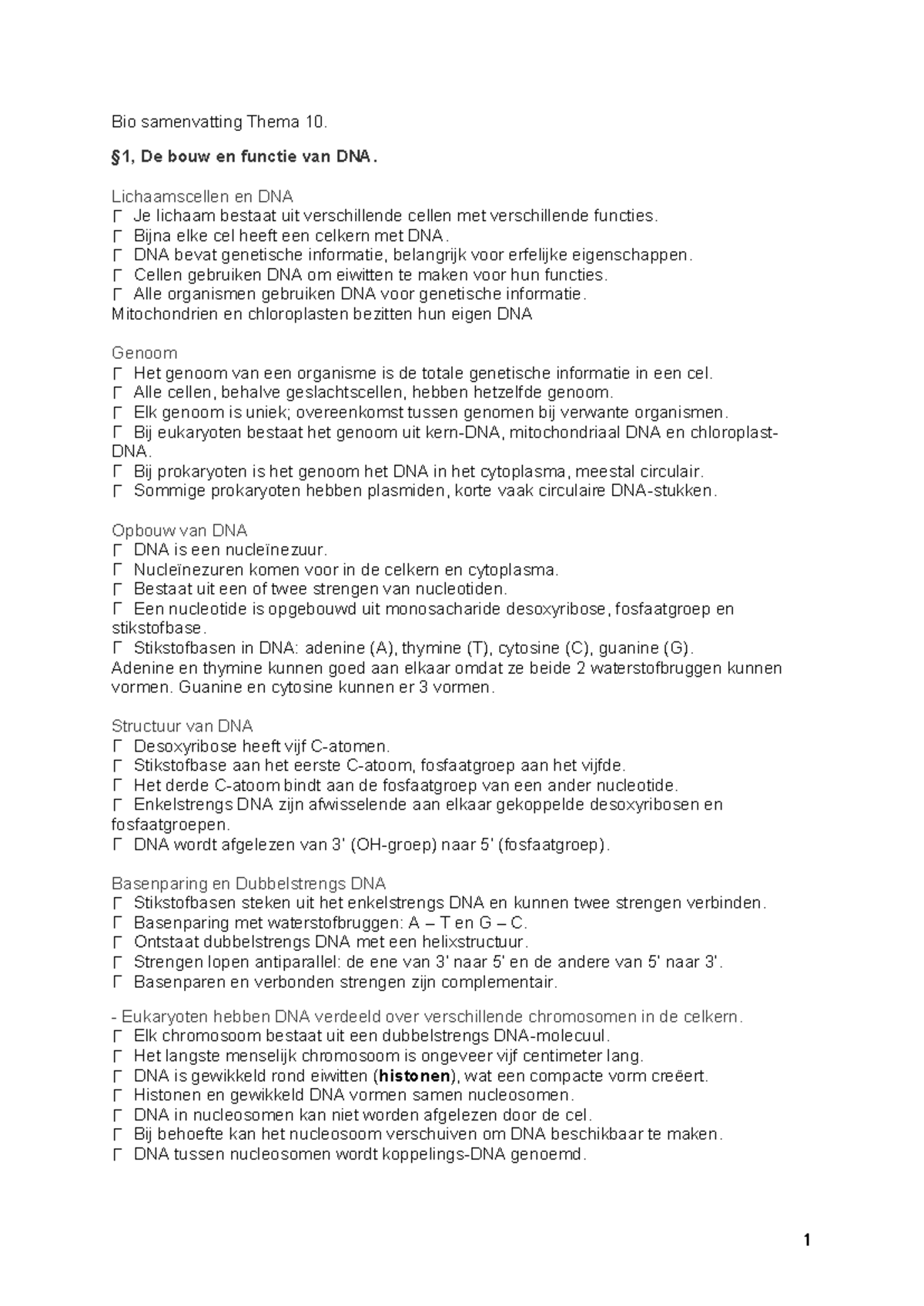 Biologie Thema 10: De Bouw en Functie van DNA en Genregulatie - Studeersnel
