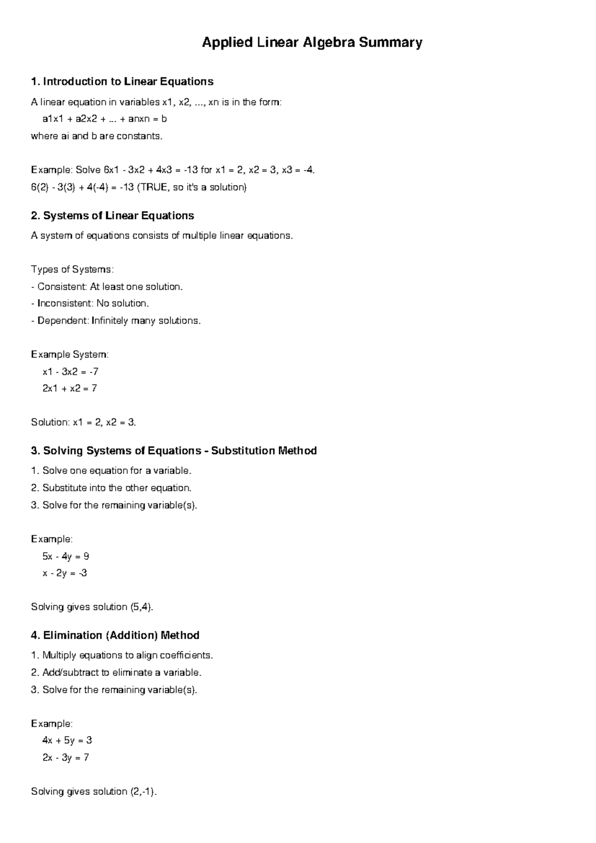 Applied Linear Algebra Summary - Introduction to Linear Equations A ...