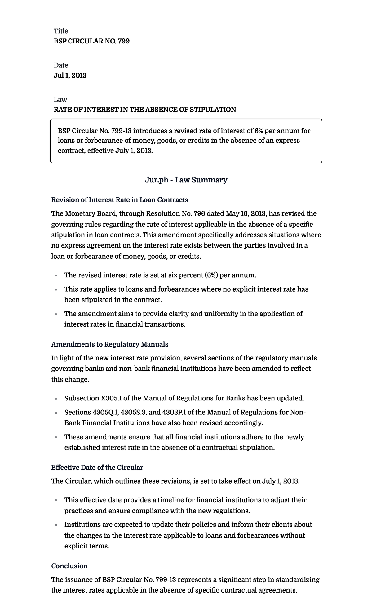 BSP Circular No. 799-13: Revised Interest Rates for Loans - Studocu