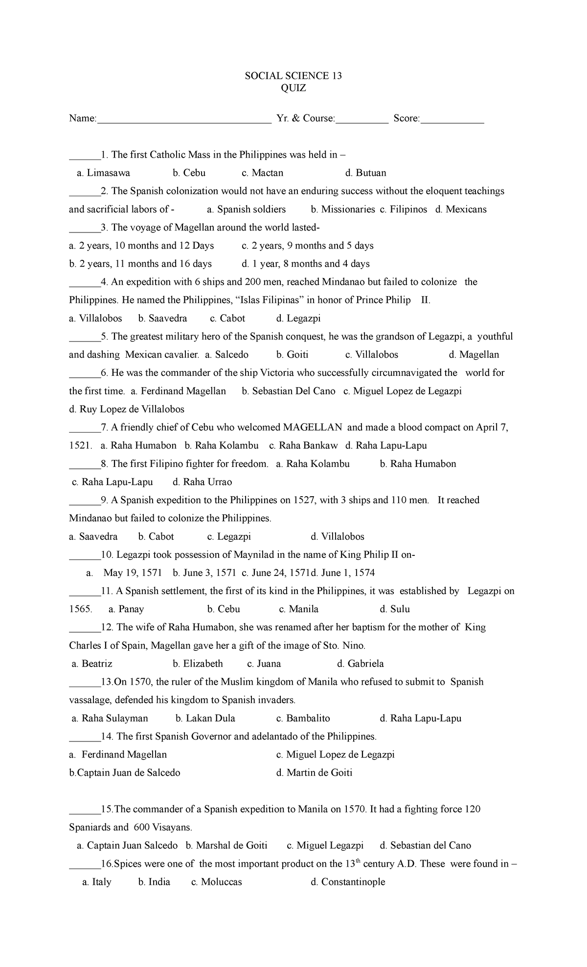 QUIZ 2: SPANISH COLONIZATION AND ITS IMPACT ON THE PHILIPPINES - Studocu