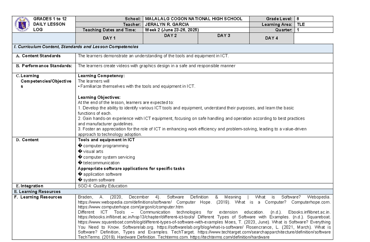 TLE 8 ICT DAILY LESSON LOG - WEEK 2 (JUNE 2025) - Studocu