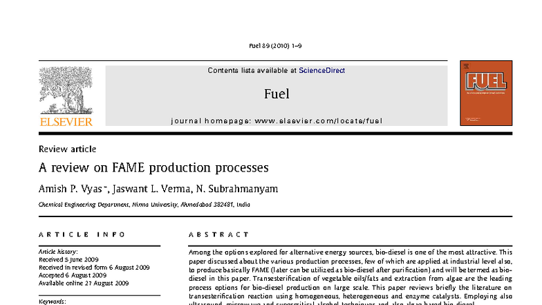 Review of FAME Production Processes: Techniques and Innovations - Studocu