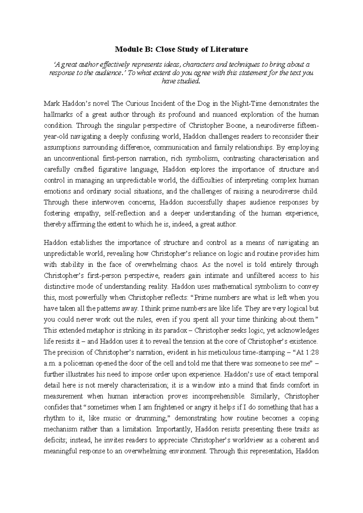 Curious Incident of the Dog: Band 6 Essay Analysis - Studocu