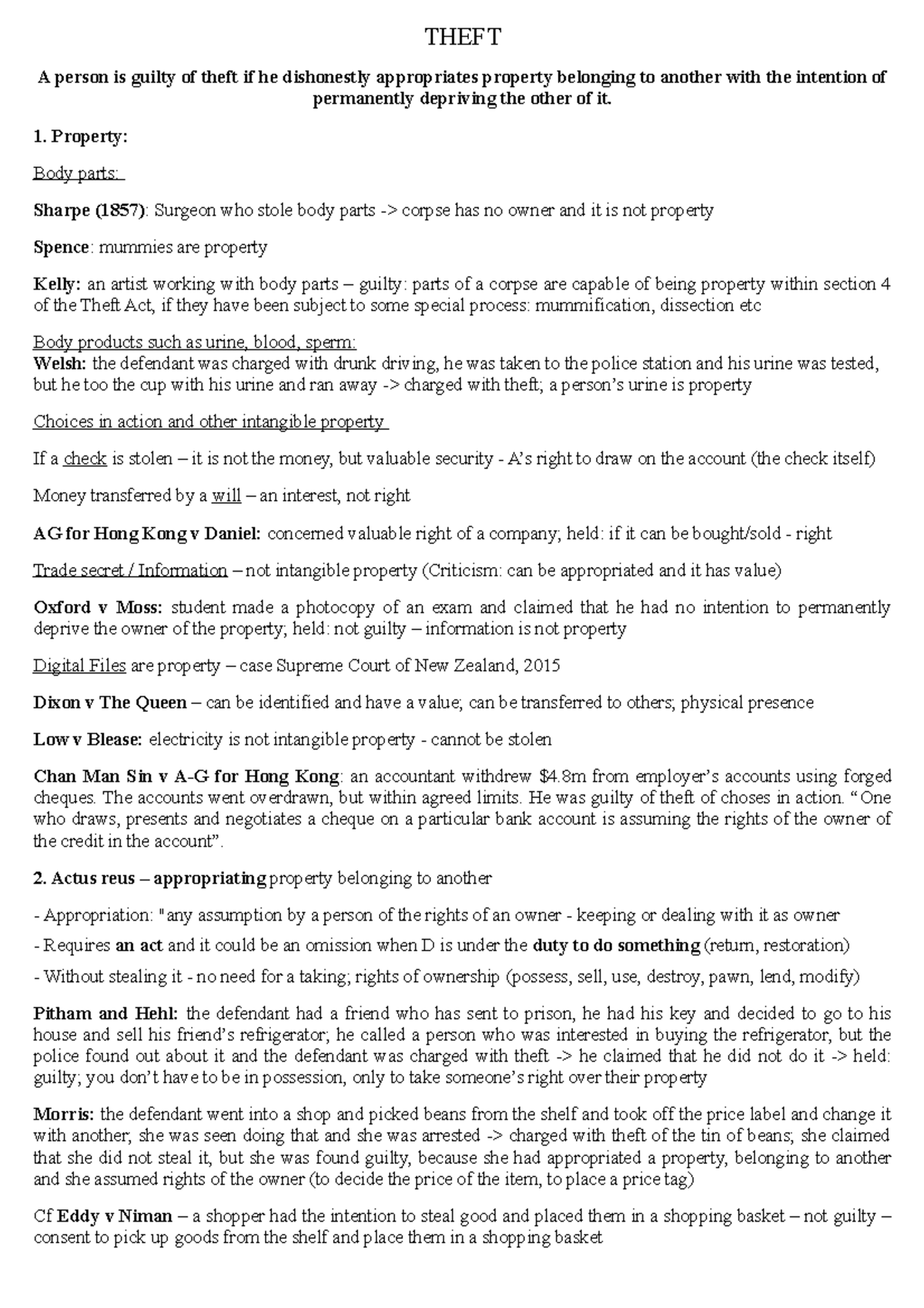 LAW 101: Theft - Key Principles and Case Studies Analysis - Studocu