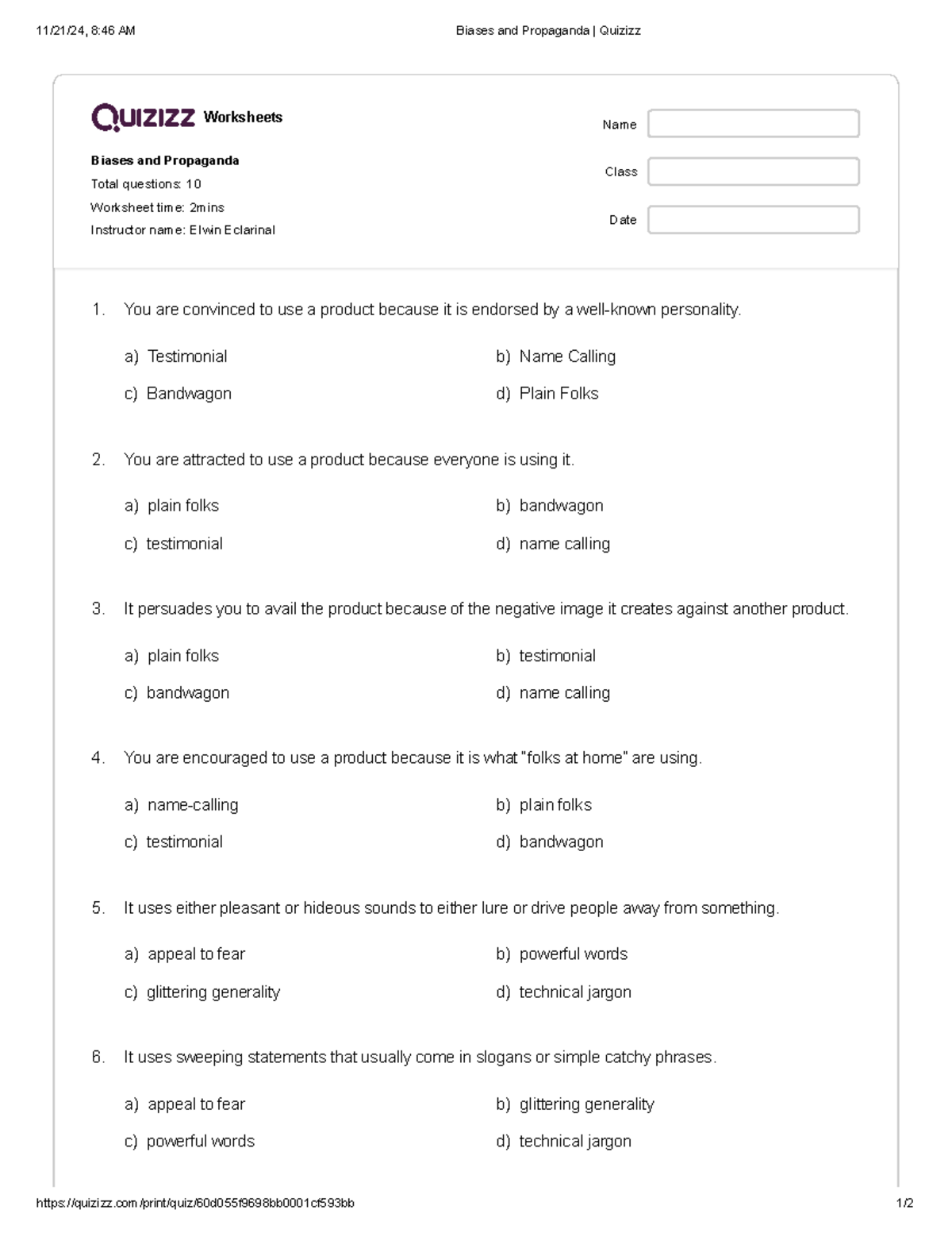 Biases and Propaganda Quizizz - Worksheets Biases and Propaganda Total ...
