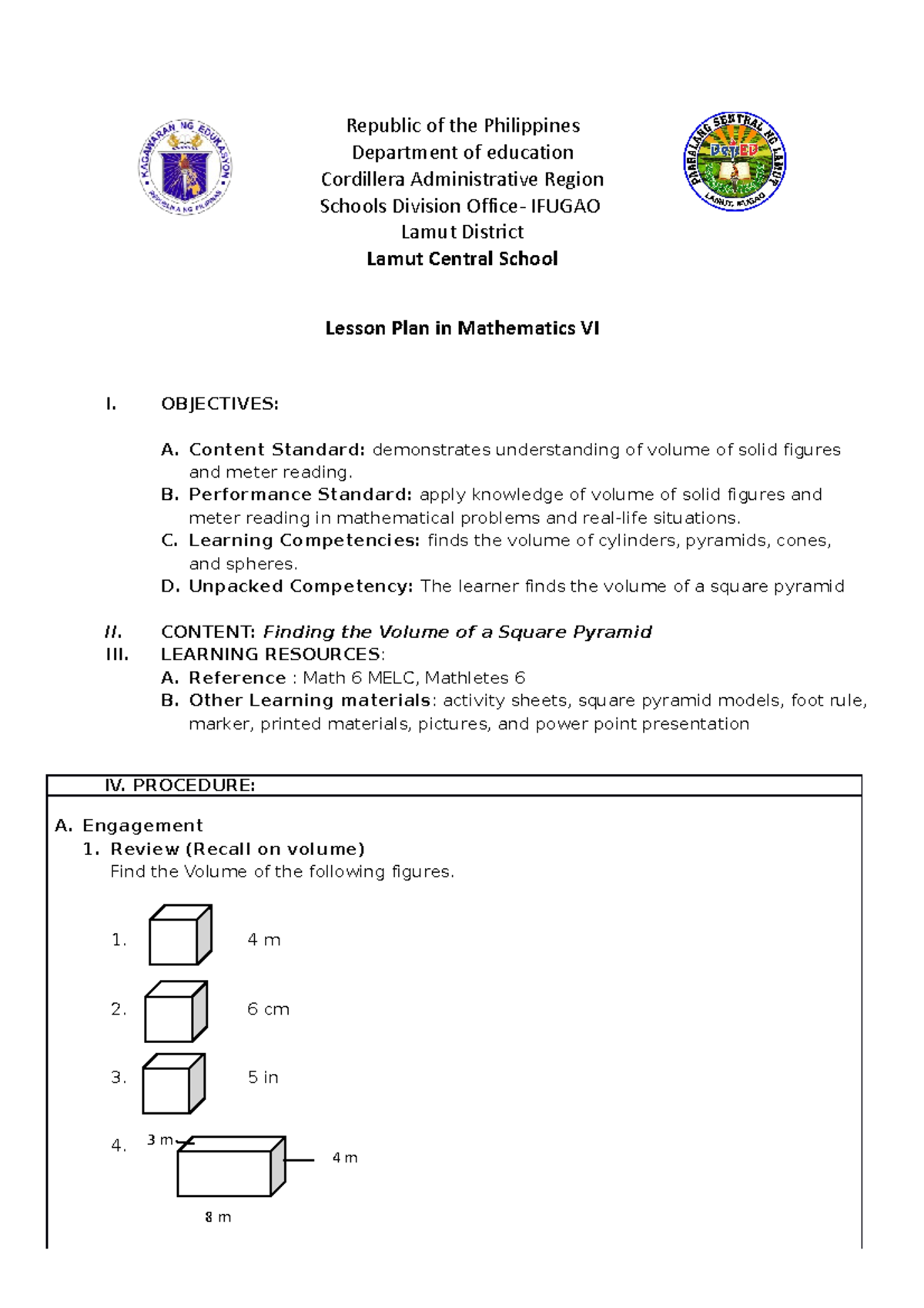 Math VI Lesson Plan: Volume of a Square Pyramid - Studocu