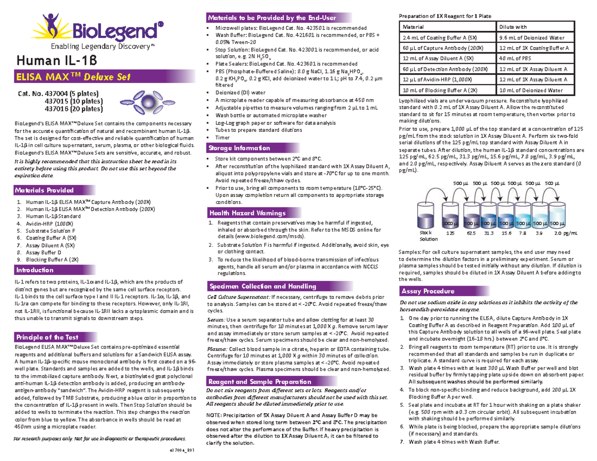 ELISA MAX IL1B Protocol - Preparation and Assay Instructions - Studocu