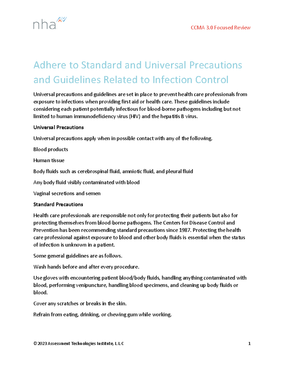 CCMA 3.0 Focused Review: Infection Control & Safety Guidelines - Studocu