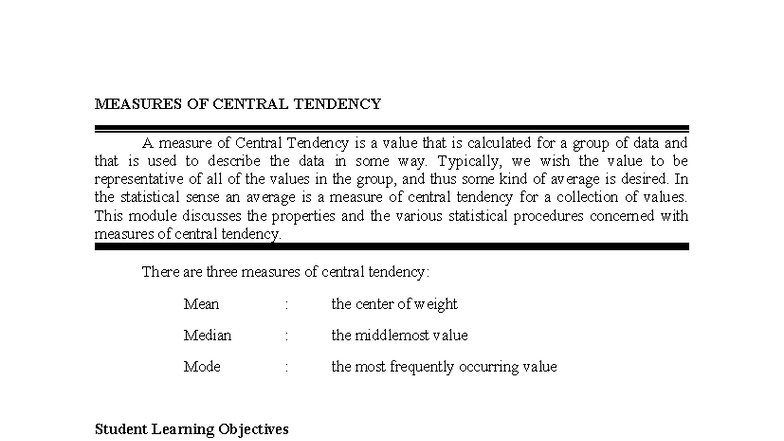 Measures of Central Tendency: Mean, Median, and Mode Notes - Studocu