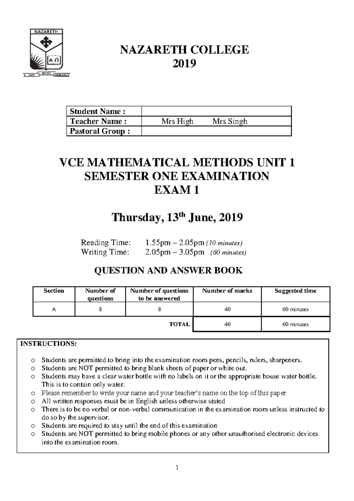 VCE Mathematical Methods Unit 1 - Semester 1 Exam Solutions 2019 - Studocu