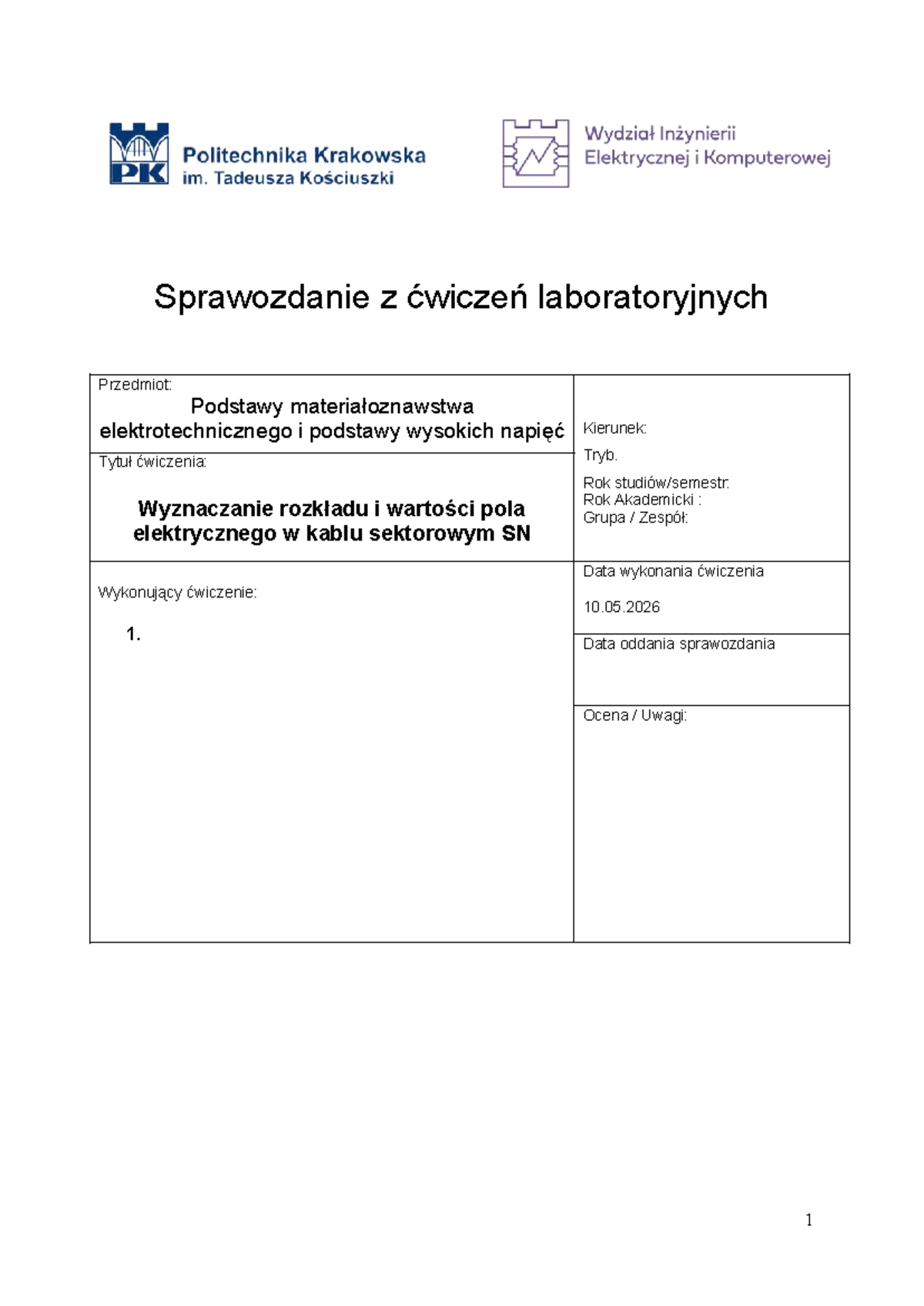 Rozkład pola elektrycznego w kablu SN - Sprawozdanie z ćwiczeń - Studocu