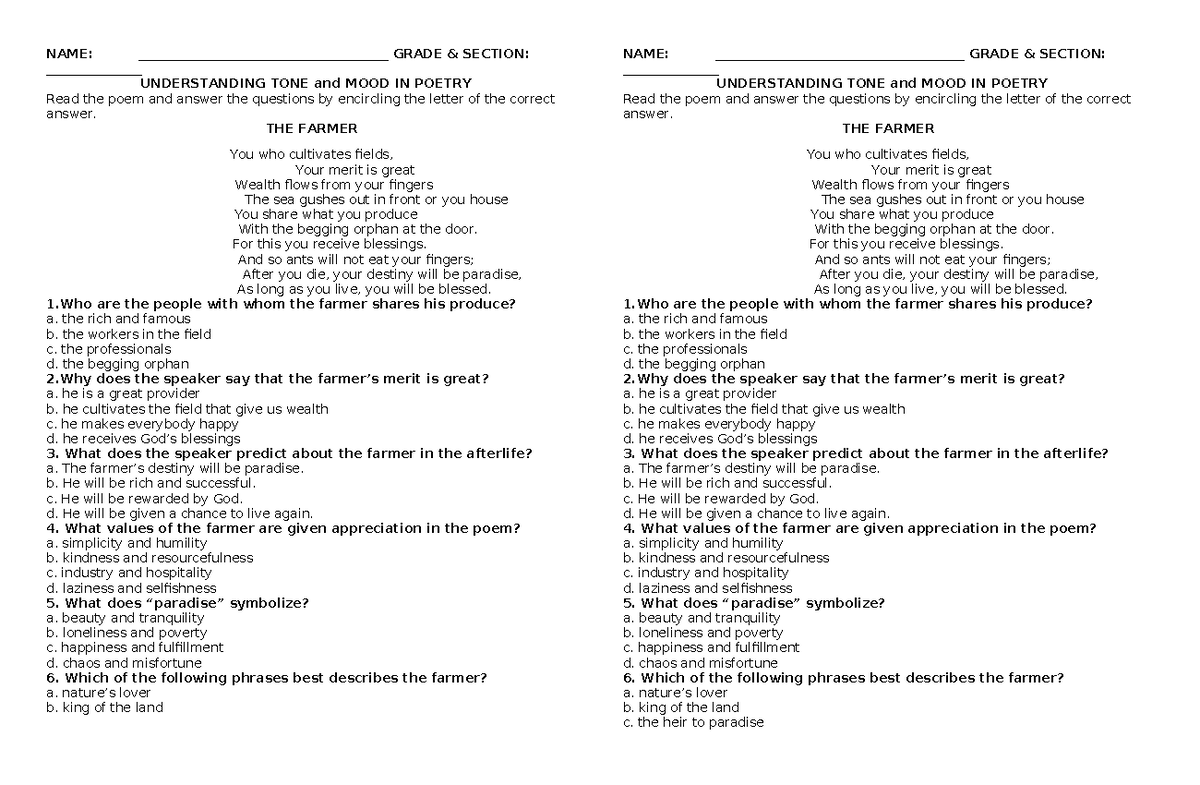 Understanding Tone and Mood in Poetry: Activity Guide - Studocu