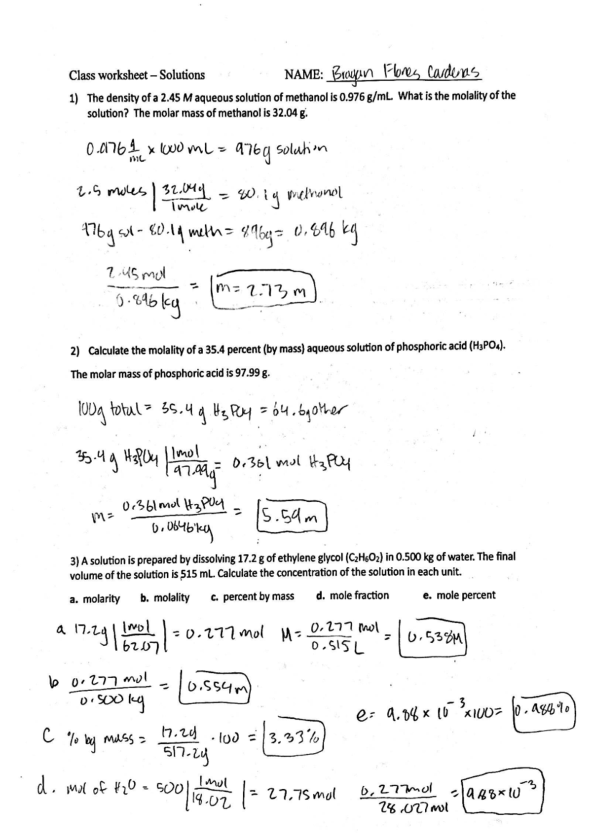 O Chem Worksheet Solutions Density Molality Concentration