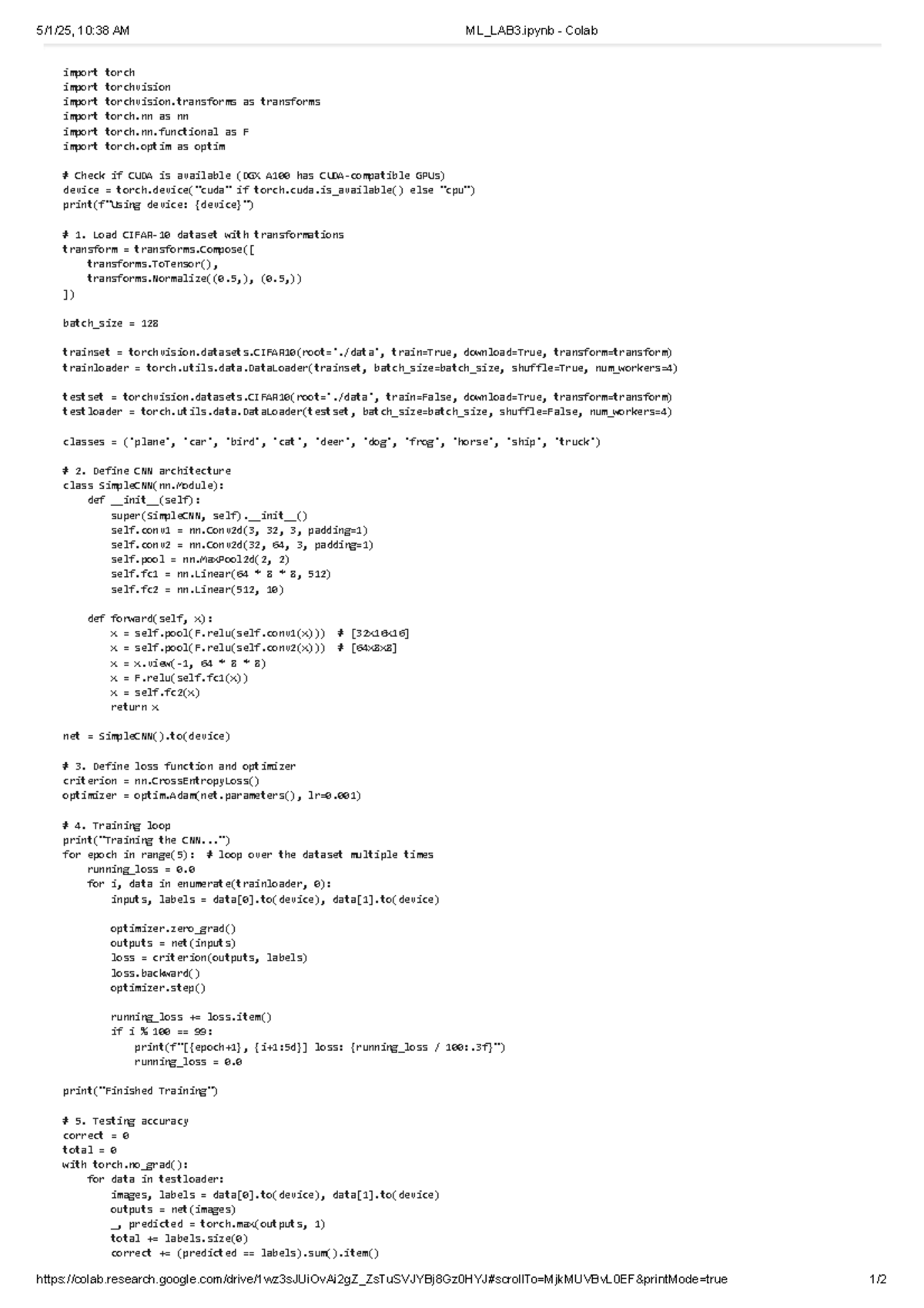 ML LAB3 - Colab - Practical Implementation of SimpleCNN on CIFAR-10 - Studocu