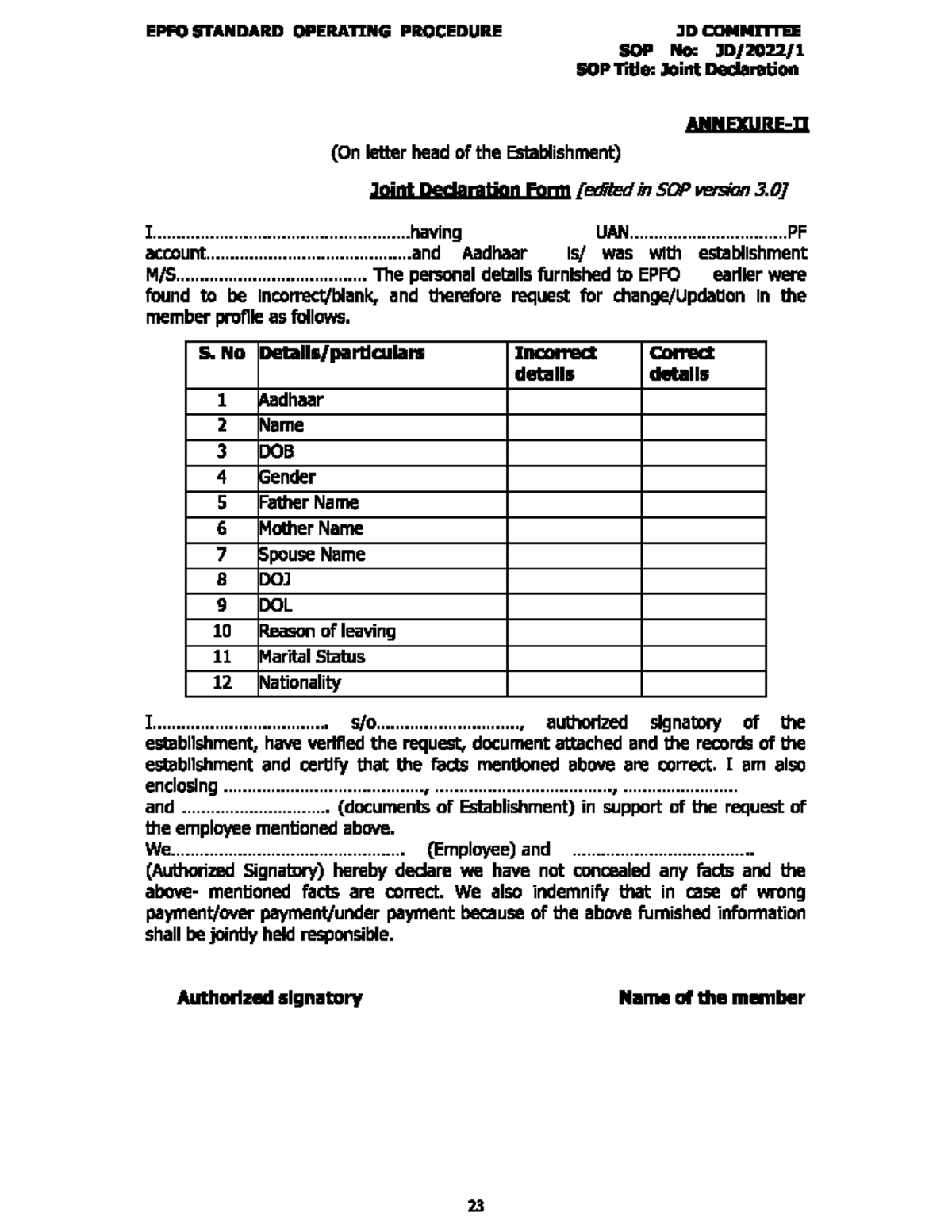 EPFO SOP JD Committee: Joint Declaration Form Guidelines - Studocu