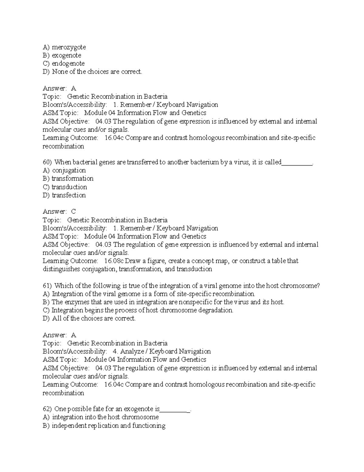 Genetic Recombination in Bacteria: Test Bank for Prescott's ...