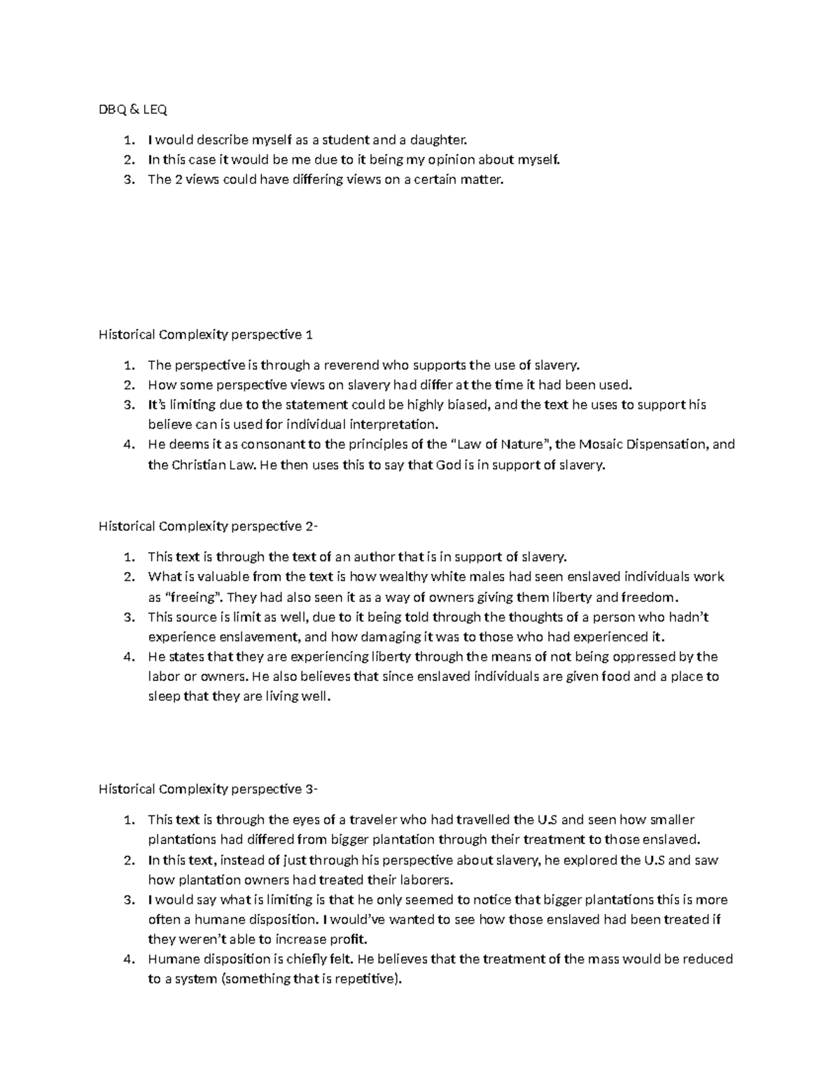 Historical Perspectives on Slavery: DBQ & LEQ Analysis - Studocu