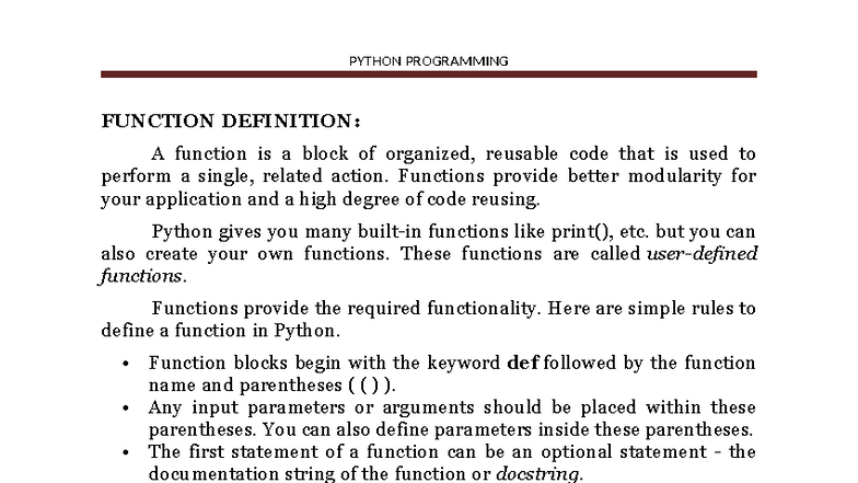Unit 3 - PYTHON: Understanding Function Definitions and Types - Studocu