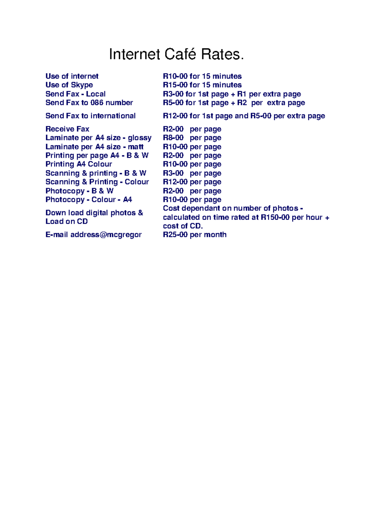 Internet Café Rates Overview: Services and Pricing Details - Studocu