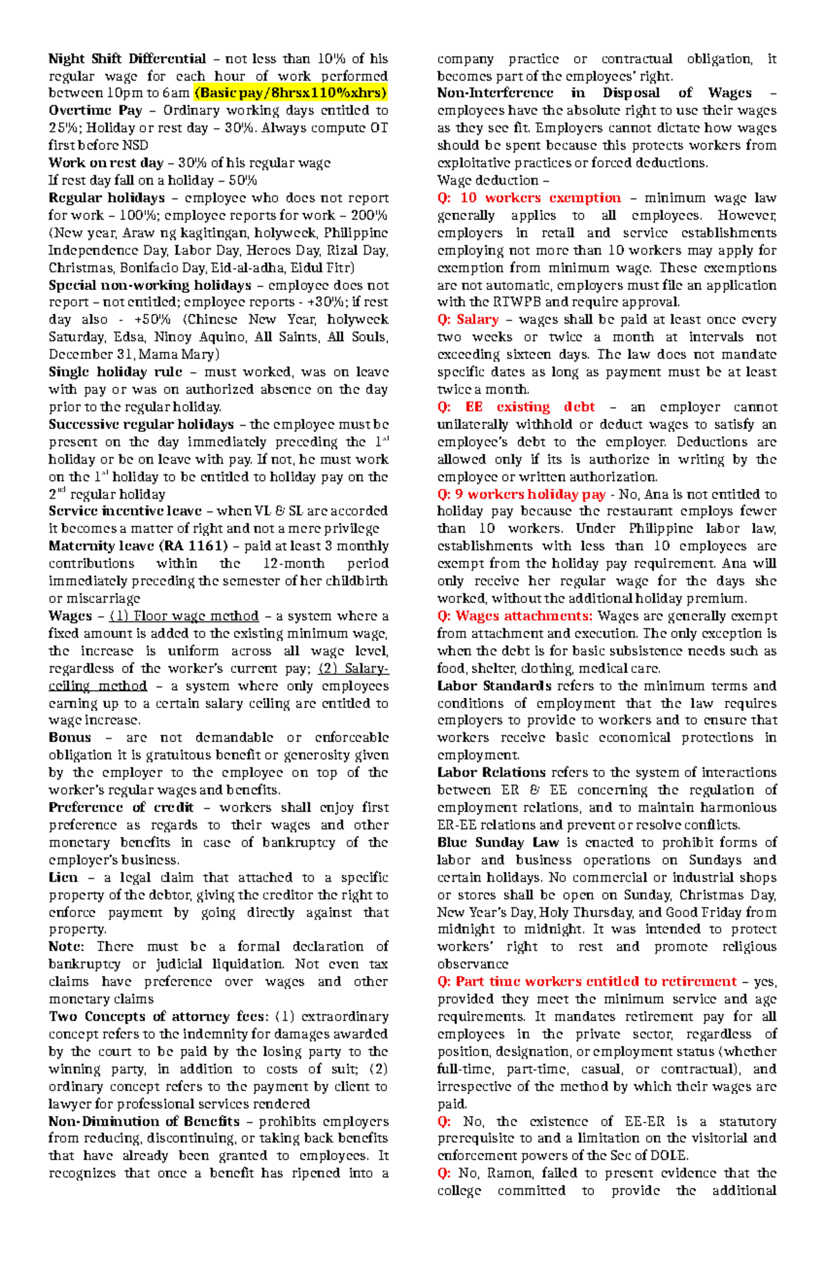 Labor Law Lecture Notes (LL 101): Wage, Benefits, and Employment Rights ...