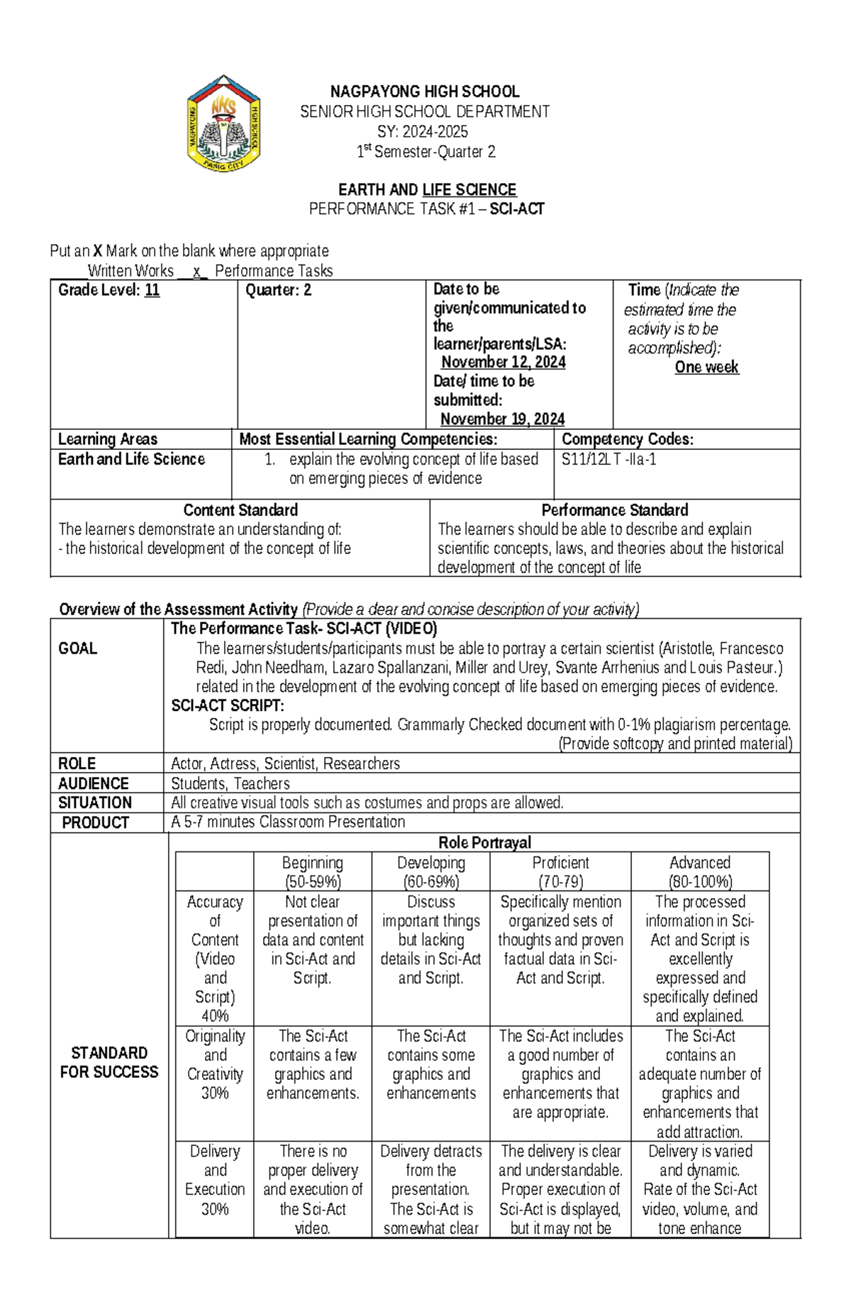 EAL Science Q2 PT1 Revised - NAGPAYONG HIGH SCHOOL SENIOR HIGH SCHOOL ...
