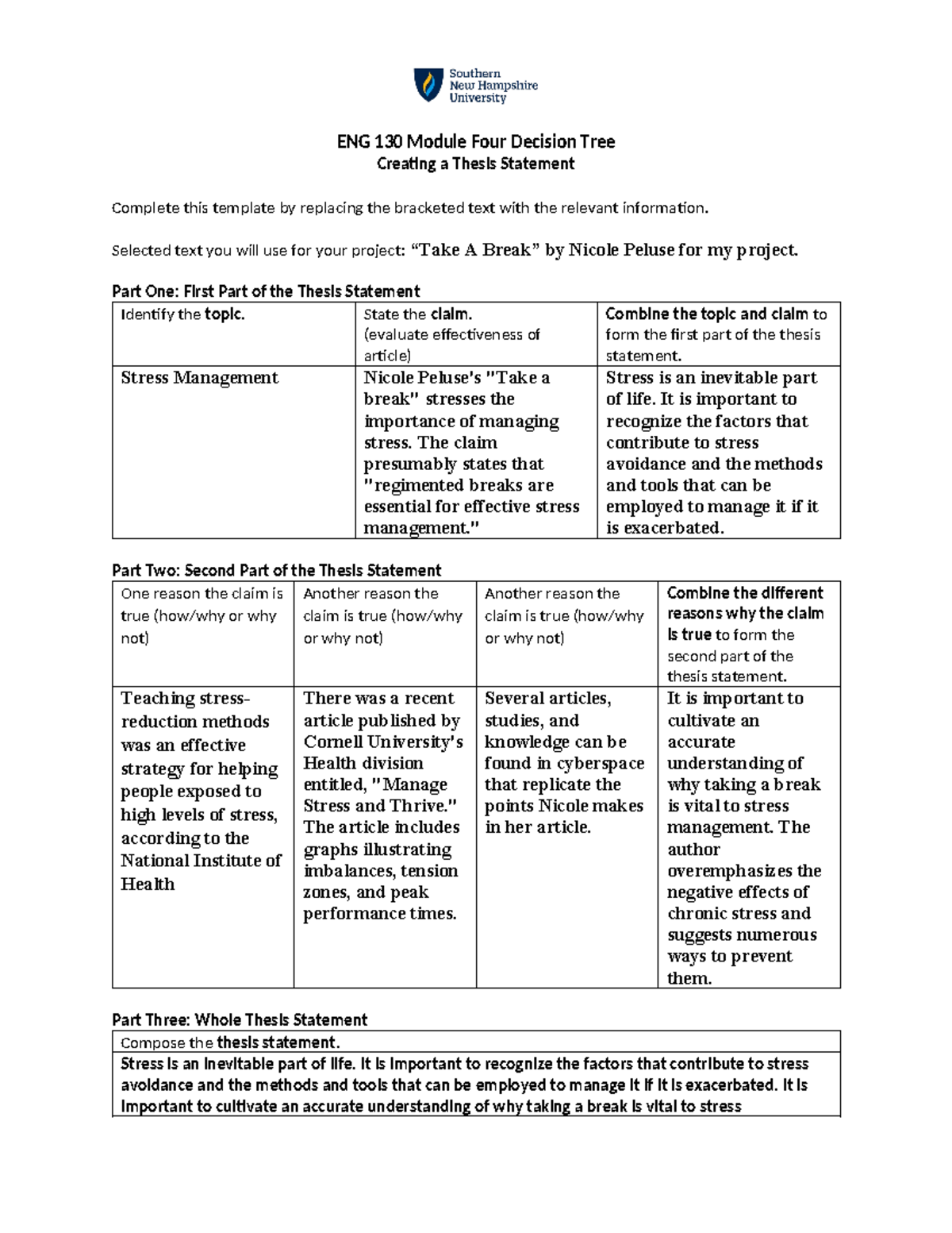 ENG 130 Module 4-1 Thesis Statement on Stress Management - Studocu