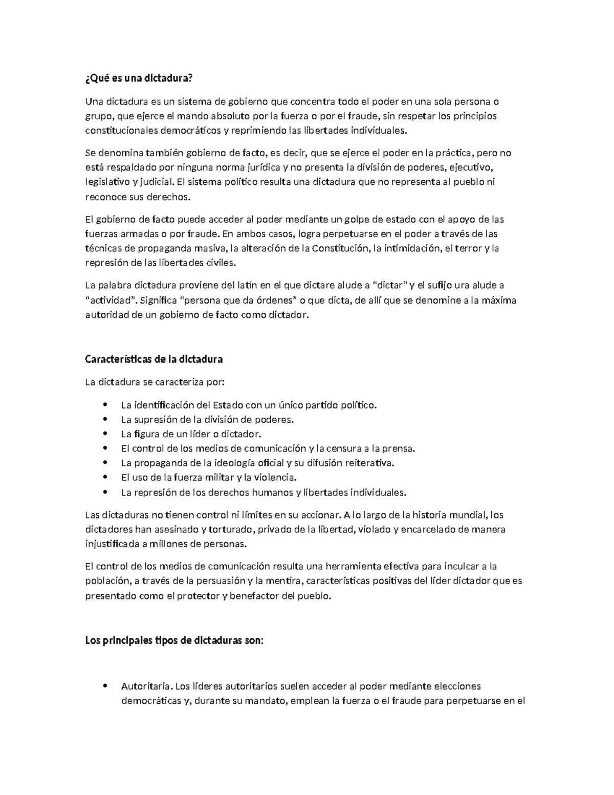 Qué es una dictadura - ¿Qué es una dictadura? Una dictadura es un ...