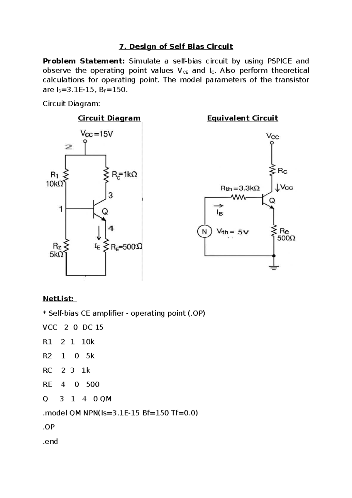 7. CE Amplifier Self Bias Circuit Analysis and Simulation - Studocu