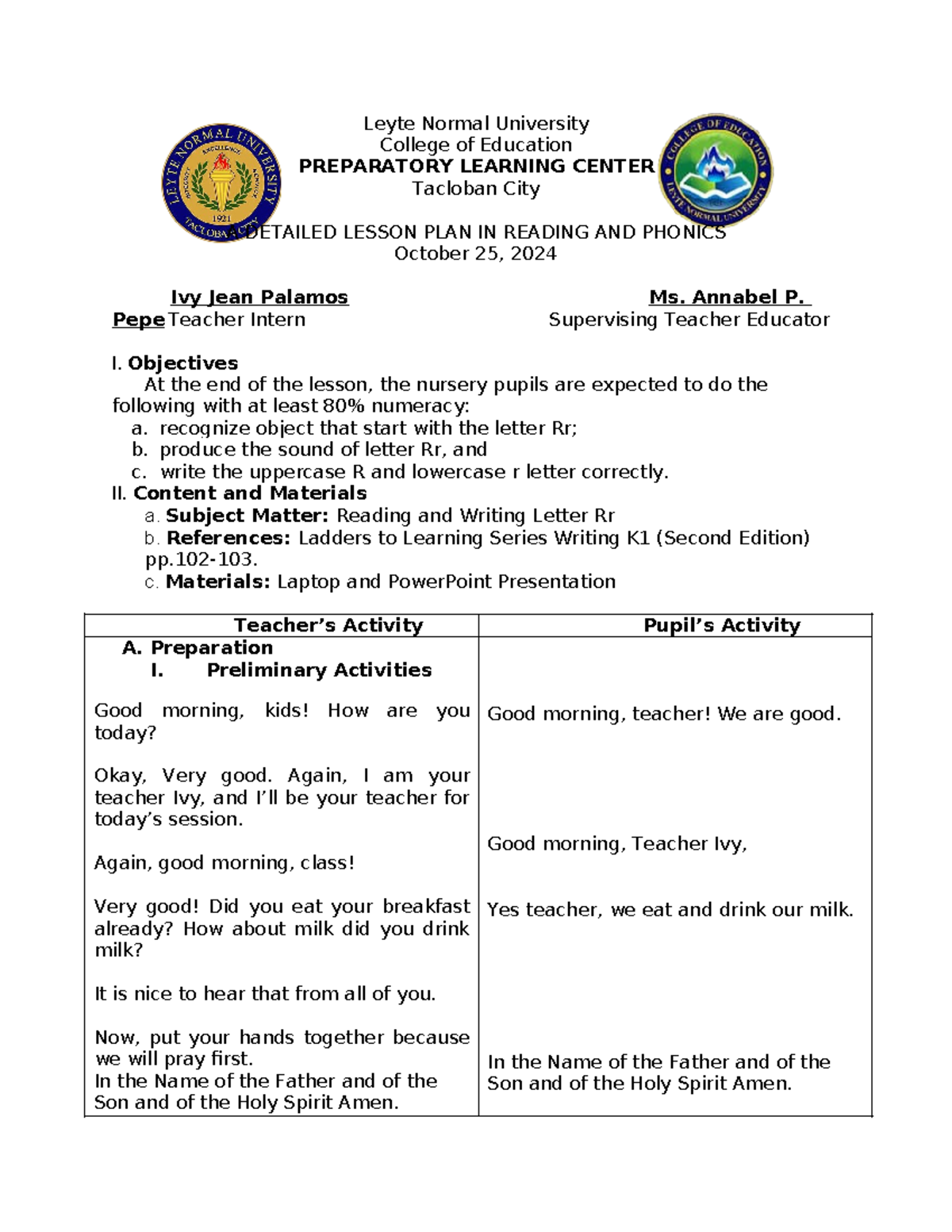 Teaching Guide: Detailed Lesson Plan for Letter Rr in Reading - Studocu