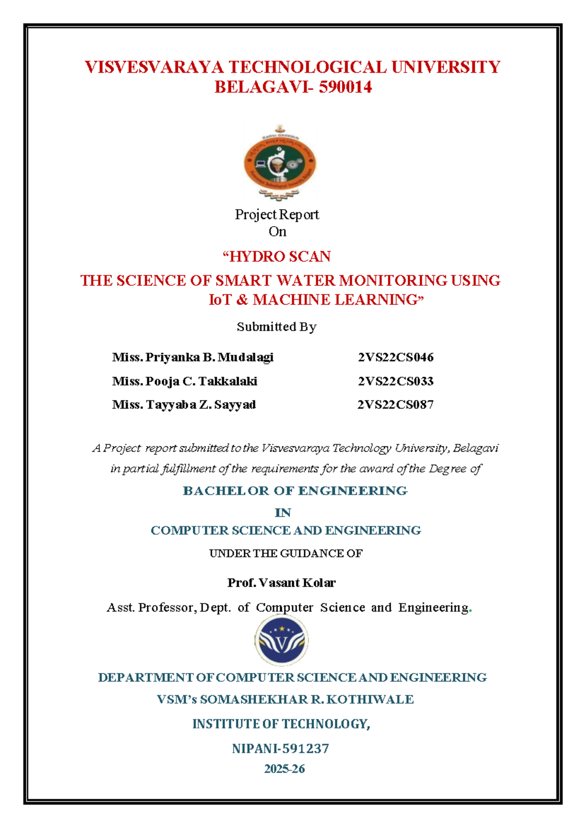 HydroScan: Smart Water Monitoring Using IoT - Project Report 2VS22CS ...