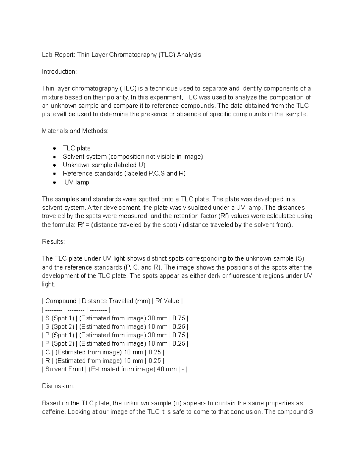 TLC Lab Report: Analyzing Unknown Samples in Organic Chemistry - Studocu