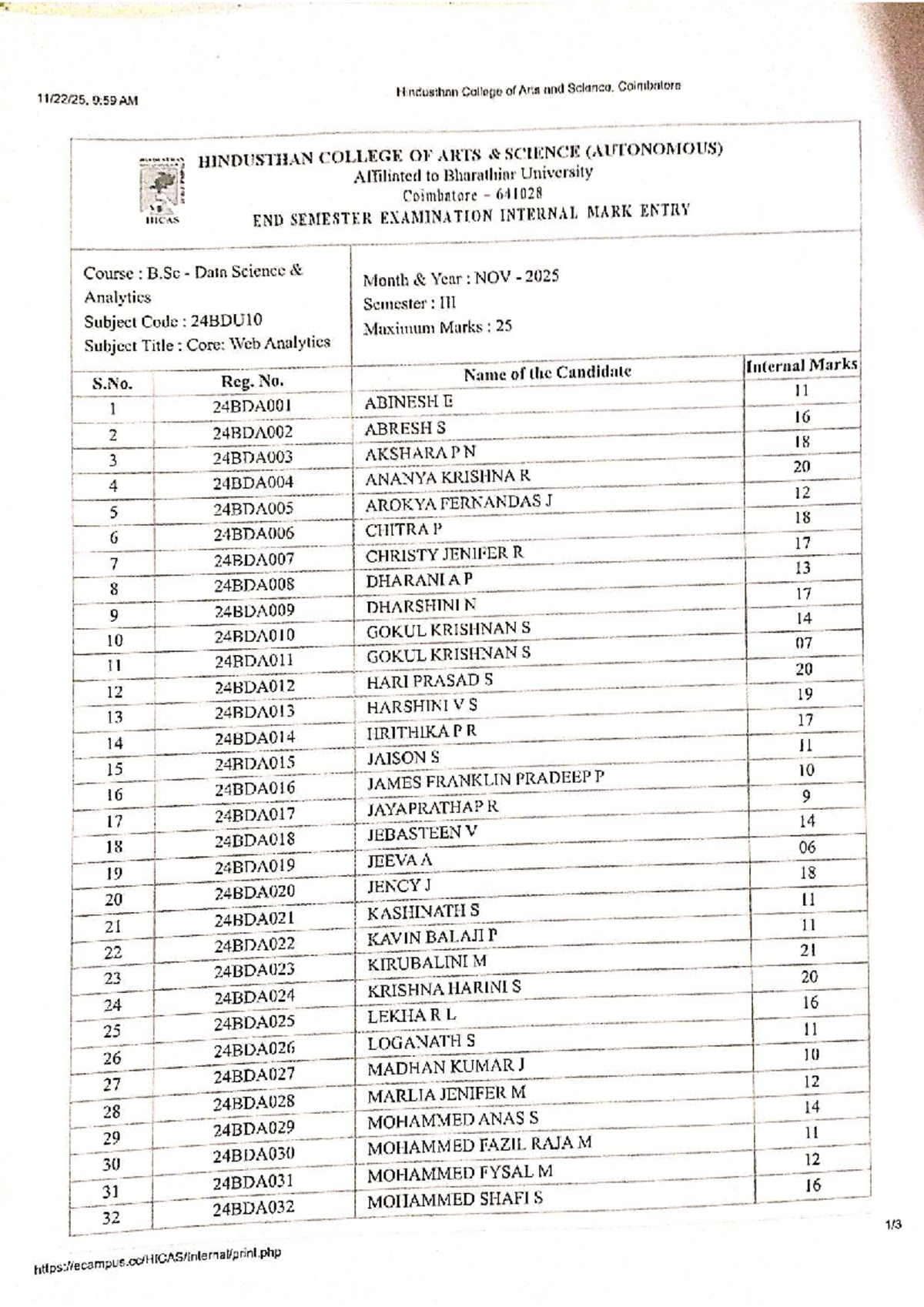 HICAS B.Sc Data Science Internal Marks Entry - Nov 2025 - Studocu