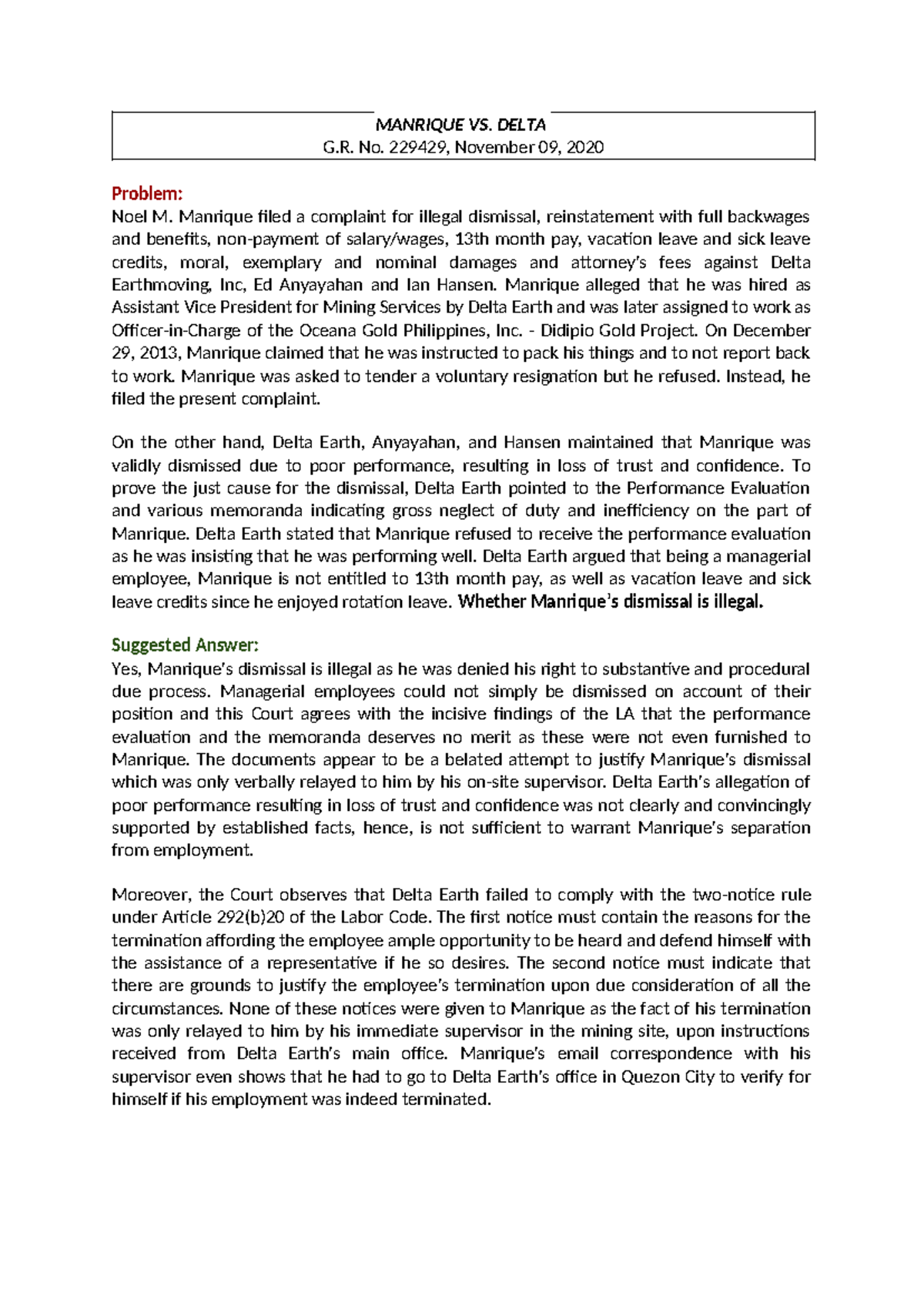 Manrique vs. Delta Case Study: Illegal Dismissal Analysis (G.R. No. 229429) - Studocu
