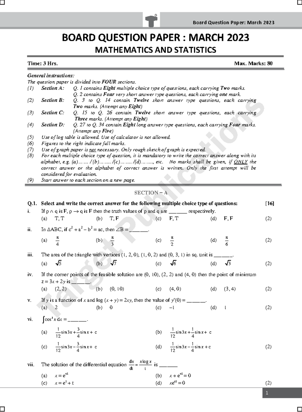 Mathematics and Statistics Board Question Paper: March 2023 - Studocu