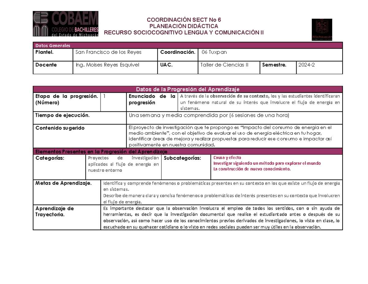 Progresiones y Proyectos del Taller de Ciencias II - UAC 2024-2 - Studocu