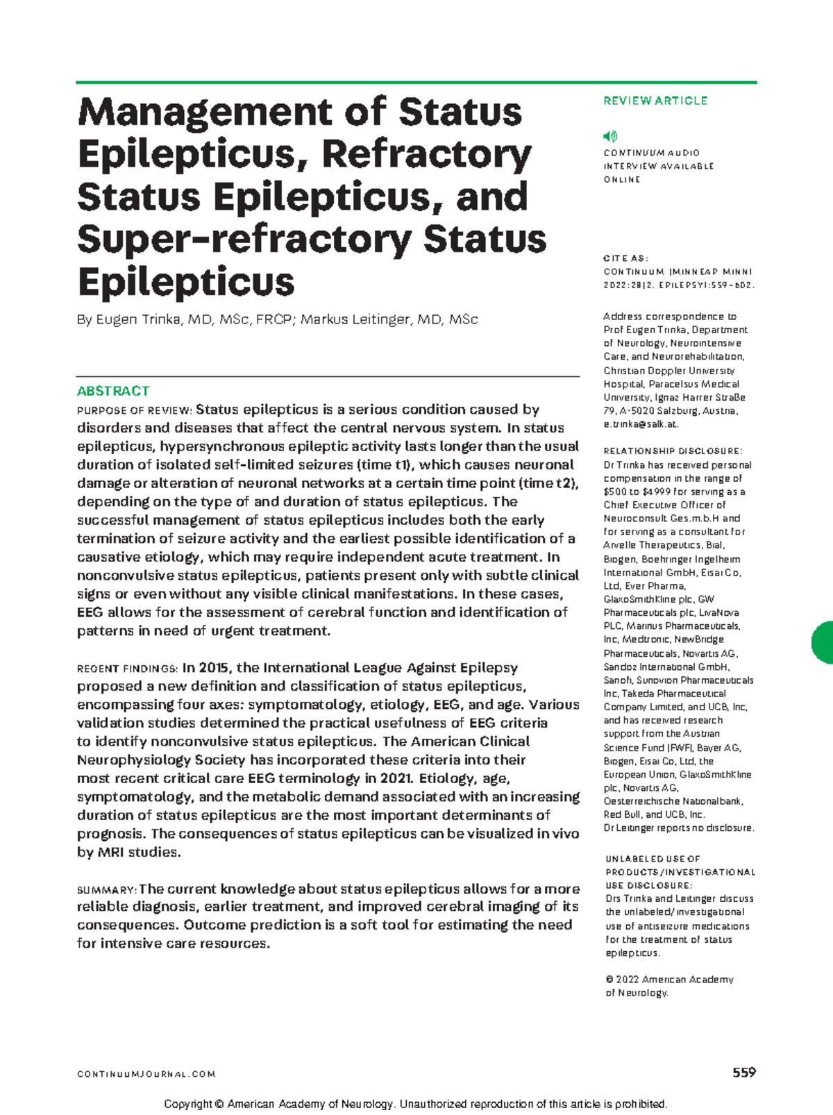Management of Status Epilepticus: Insights on Refractory Cases - Studocu