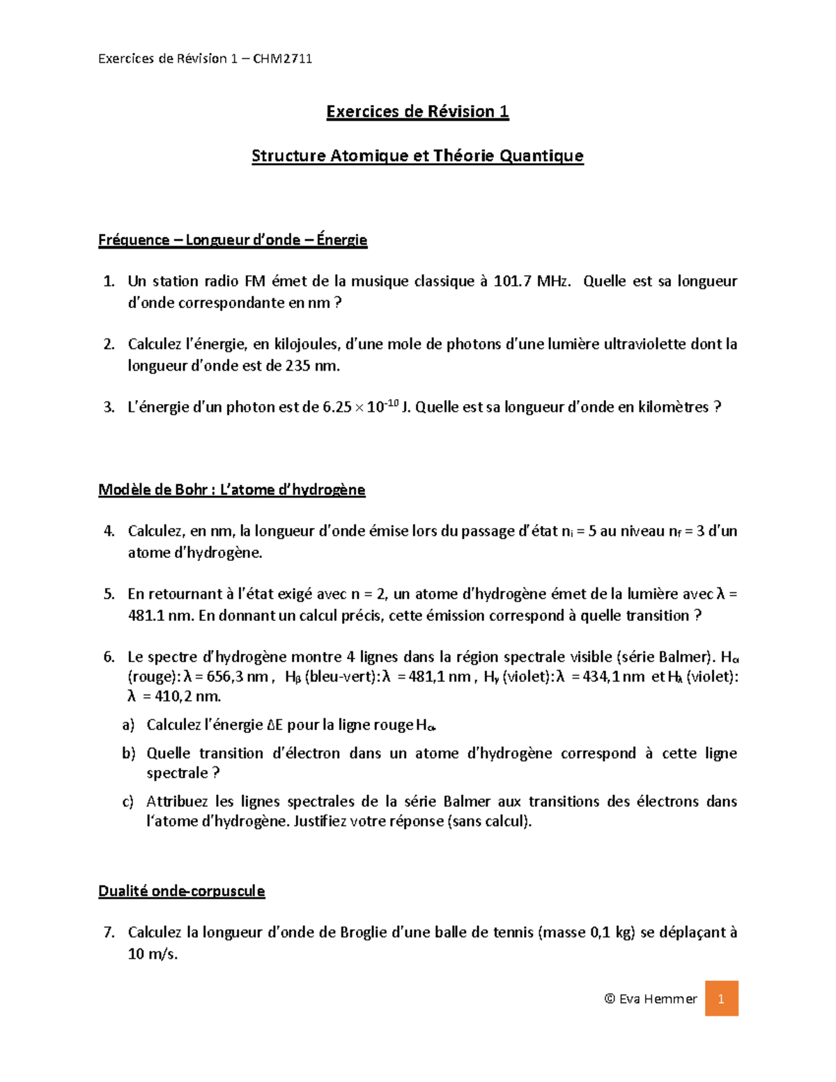 Exercices de Révision 1 CHM2711 : Structure Atomique et Théorie ...